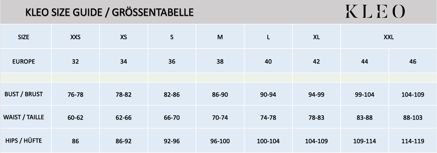 KLEO | SIZE GUIDE